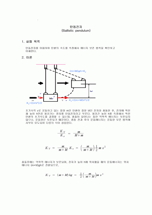 일반물리학 실험 -탄동진자(Ballistic pendulum) 실험 결과 보고서