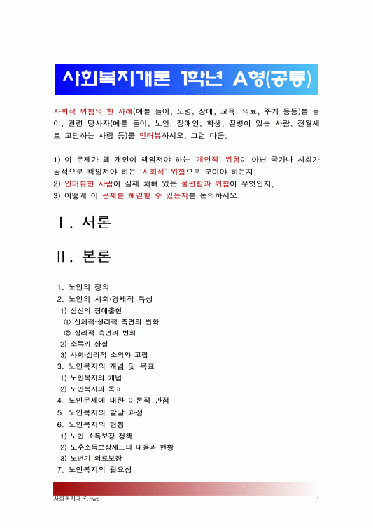 [2015사회복지개론] 문제를 갖고 있는 주변의 이웃 또는 가족중 한사람 (노인, 장애인, 학생, 취업준비생) 인터뷰, 인터뷰한 사람이 실제 처해있는 불편함과 위험, 국가나 사회가 책임져야 하는 이유, 해결방안