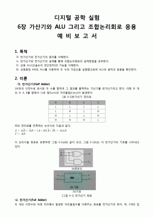 [디지털 공학 실험] (예비) 06장 가산기와 ALU 그리고 조합논리회로 응용