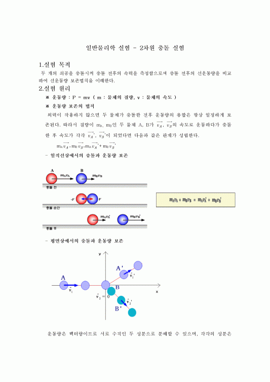 [일반물리학 실험] 2차원 충돌 실험 : 두 개의 쇠공을 충돌시켜 충돌 전후의 속력을 측정함으로써 충돌 전후의 선운동량을 비교하여 선운동량 보존법칙을 이해한다