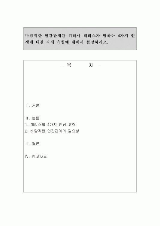 바람직한 인간관계를 위해서 해리스가 말하는 4가지 인생에 대한 자세 유형에 대해서 설명하시오. - 해리스의 4가지 인생 유형, 바람직한 인간관계 필요성