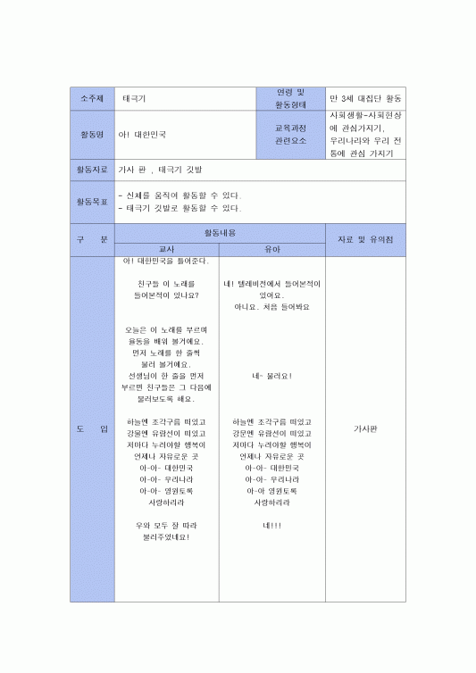 만5세) <어린이집 활동계획안-수업지도안> 소주제 : 태극기 / 활동명 : 아! 대한민국 [수업지도안] [수업계획안] [교육계획안] 어린이집, 유치원, 계획안, 어린이집 수업 지도안