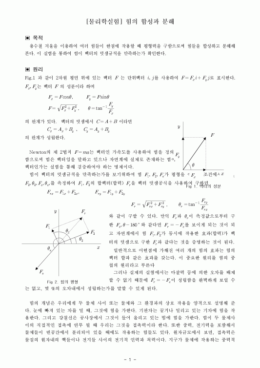 [물리학실험] 힘의 합성과 분해 예비 및 결과 보고서 : 용수철 저울을 이용하여 여러 힘들이 한점에 작용할 때 평형력을 구함으로써 힘들을 합성하고 분해해 본다