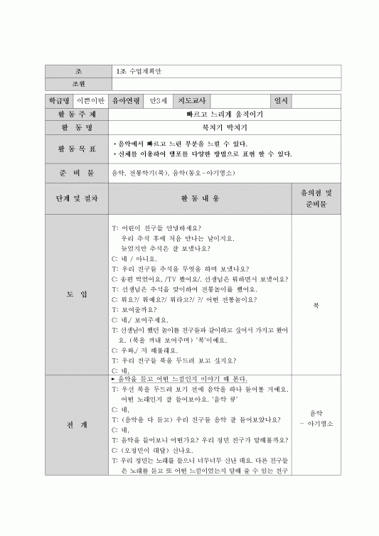 <아동음악과동작 수업계획서> 만3세) 활동주제 : 빠르고 느리게 움직이기 / 활동명 : 북치기 박치기 - 음악의 속도에 따라 빠르고 느리게 움직이기