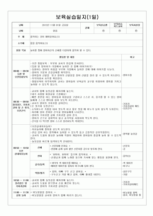 2013년11월 4주간 만2세 보육실습일지 /실습생 소감/보육실습지도교사 조언 일자별로 작성 합격 자료 (직접작성) 주제 : 움직이는 것이 재미있어요 2~4, 좋아하는 놀이가 있어요 1