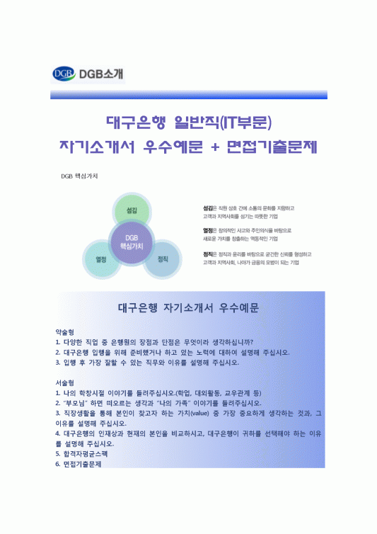 (대구은행 자기소개서 + 면접족보) 대구은행 (일반직IT) 자소서 [대구은행합격자기소개서대구은행자소서항목]