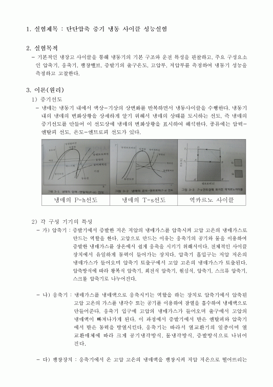 [냉동공학] 단단압축 증기 냉동 사이클 성능실험 : 기본적인 냉장고 사이클을 통해 냉동기의 기본 구조와 운전 특성 관찰, 압축기, 응축기, 팽창밸브, 증발기의 출구온도, 고압부, 저압부 측정 냉동기 성능 측정