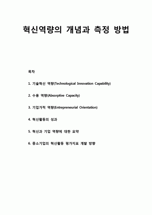 혁신역량의 개념과 측정 방법 - 기술혁신 역량, 수용 역량, 기업가적 역량, 혁신활동의 성과, 혁신과 기업 역량에 대한 요약, 중소기업의 혁신활동 평가지표 개발 방향