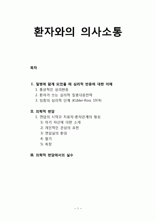 [의사소통론]환자와의 의사소통 - 질병에 앓게 되었을 때 심리적 반응에 대한 이해, 의학적 면담(면담의 시작과 치료자-환자관계의 형성), 의학적 면담에서의 실수