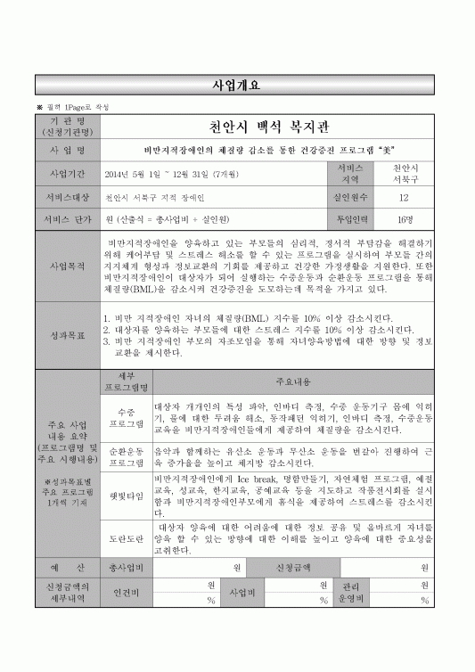 천안시 백석 복지관 사업계획서