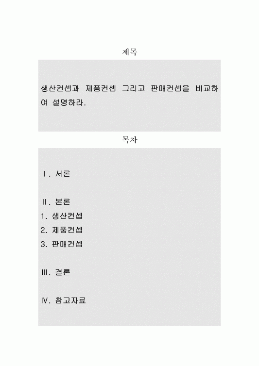 생산컨셉과 제품컨셉 그리고 판매컨셉을 비교하여 설명하라.