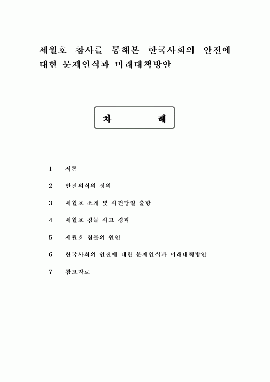 세월호 참사를 통해본 한국사회의 안전에 대한 문제인식과 미래대책방안 (안전의식, 세월호 사건당일 출항, 세월호 침몰 사고 경과, 세월호 침몰의 원인, 한국사회의 안전에 대한 문제인식과 미래대책방안)