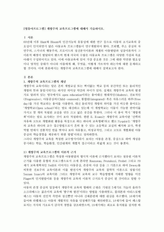 [영유아프로그램] 개방주의 교육프로그램에 대해서 기술하시오.