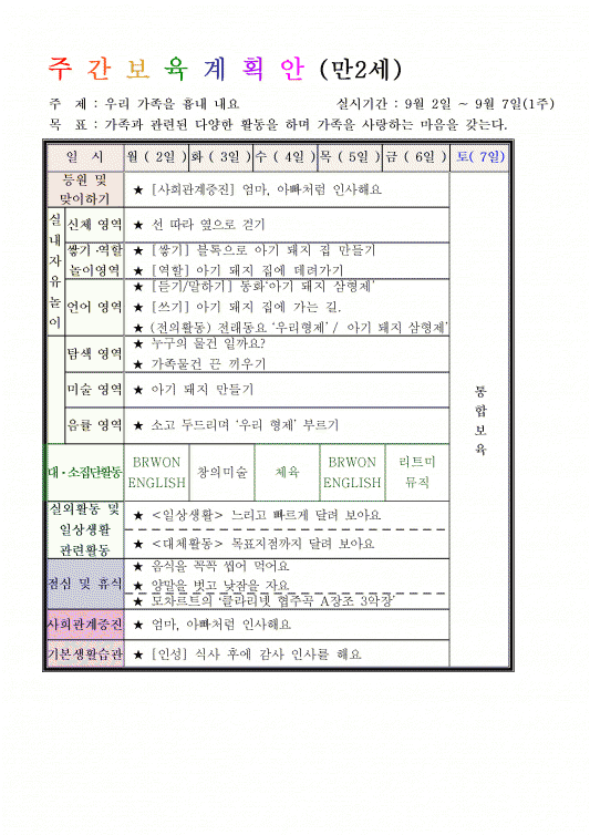 2013년 평가인증 통과한 만2세 9월 가족이있어요1 / 알록달록 가을이예요 보육일지(보육실습일지)