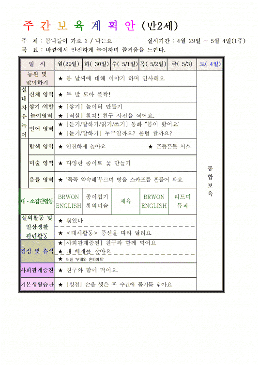 2013학년도 평가인증 통과한 만2세 5월 봄나들이가요2 / 나는요1 보육일지(보육실습일지)