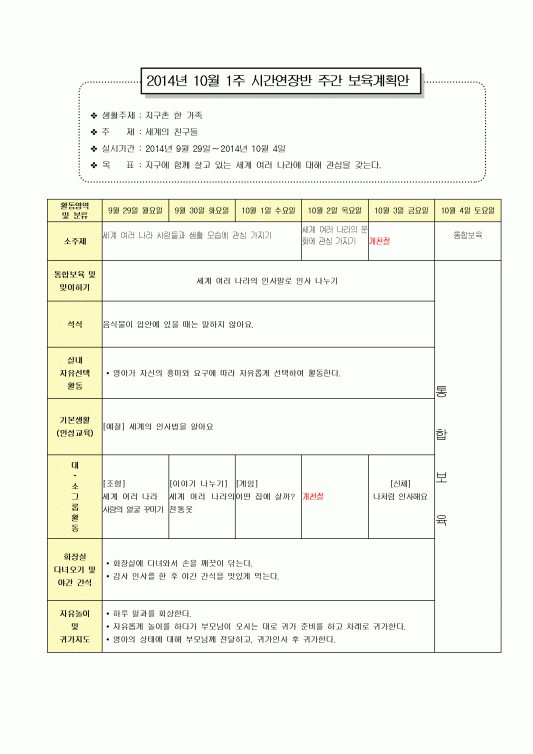 어린이집 시간연장 보육일지 14년 10월 - 생활주제 : 지구촌 한 가족