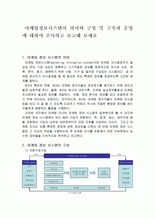 마케팅정보시스템(marketing information system)의 의미와 구성 및 구축과 운영에 대하여 조사하고 보고해 보세요