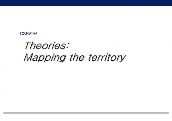 CSR전략 Theories: Mapping the territory - CSR (Corporate Social Responsibility), CSR의 4가지 관점, 주주가치 극대화, 마케팅 활용, 파괴적 혁신, 대의명분 마케팅, 공공책임성.pptx