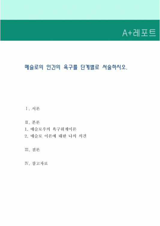 메슬로의 인간의 욕구를 단계별로 서술.