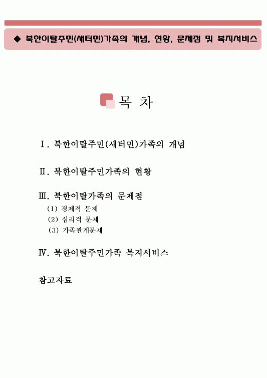 북한이탈주민(새터민)가족의 개념, 현황, 문제점 및 복지서비스 (북한이탈주민가족의 개념, 새터민의 현황, 북한이탈가정의 문제점, 북한이탈주민가정 복지서비스)