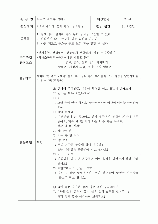 음식을 골고루 먹어요(아동생활지도, 이야기나누기활동, 식사예절, 개인예절지도, 활동계획안, 계인예절교육, 만5세)