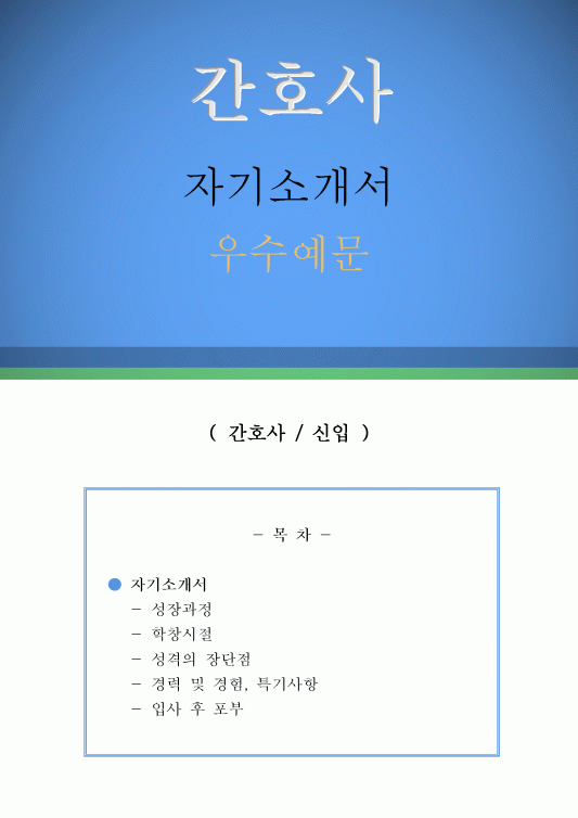 [간호사 자기소개서 우수예문] 간호사 (신입) (자소서,병원 자기소개서,대학병원 자기소개서,준종합병원 자소서,연세세브란스 자소서,개인의원 자기소개서,합격예문,우수예문, 잘쓴예,샘플)