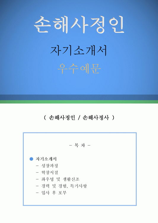 손해사정인 자기소개서 우수예문(손해사정인 자소서,손해사정사 자기소개서,보험심사직 자기소개서,보험사 자소서, 언더라이터 합격예문,손해사정사우수예문, 언더라이터 자소서 잘쓴예,샘플)