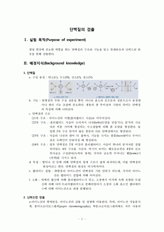 [생물학 실험] 단백질의 검출 : 생명 현상에 중요한 역할을 하는 단백질의 구조와 기능을 알고 뷰렛반응과 닌히드린 반응을 통해 검출한다