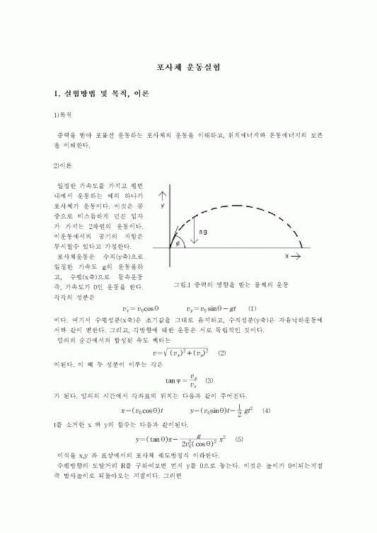 [일반물리학 실험] 포사체 운동실험 : 중력을 받아 포물선 운동하는 포사체의 운동을 이해하고, 위치에너지와 온동에너지의 보존을 이해한다