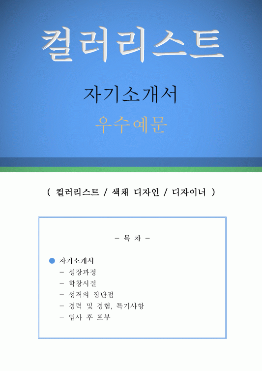 컬러리스트 자기소개서 우수예문(컬러리스트 자소서,색채디자인 자기소개서,색채디자이너 자기소개서,시각 디자이너 자소서,컬러리스트 합격예문,잘쓴예,시각 디자인 자소서 샘플)