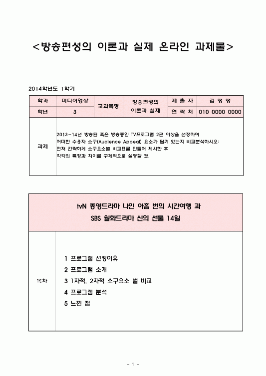 [방송편성의 이론과 실제 온라인 과제물] TV프로그램 2편 이상을 선정하여 수용자소구요소 비교분석하기 - tvN 종영드라마 「나인 아홉 번의 시간여행」과 SBS 월화드라마 「신의 선물 14일」