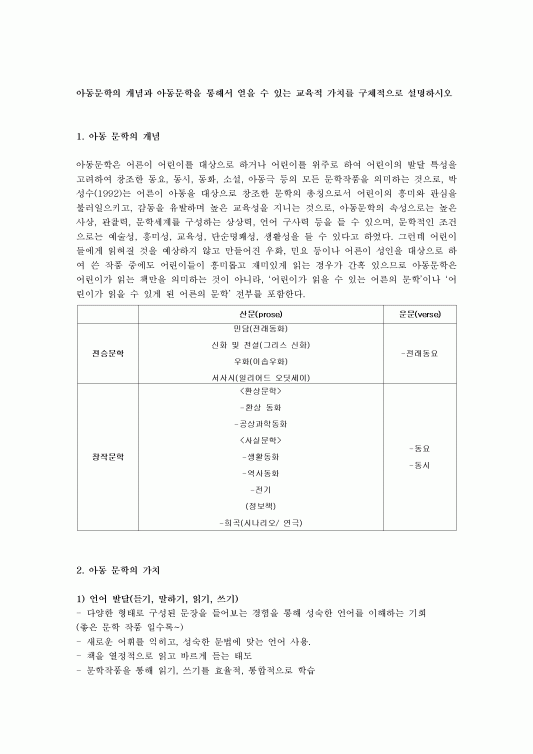 아동문학의 개념과 아동문학을 통해서 얻을 수 있는 교육적 가치를 구체적으로 설명하시오 : 아동문학