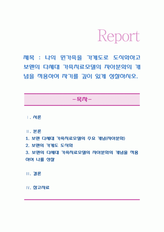 나의 원가족을 가계도로 도식화하고 보웬의 다세대 가족치료모델의 자아분화의 개념을 적용하여 자기를 깊이 있게 성찰하시오.