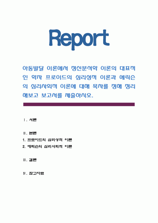 아동발달 이론에서 정신분석학 이론의 대표적인 학자 프로이드의 심리성적 이론과 에릭슨의 심리사회적 이론에 대해 목차를 정해 정리해보고 보고서를 제출.