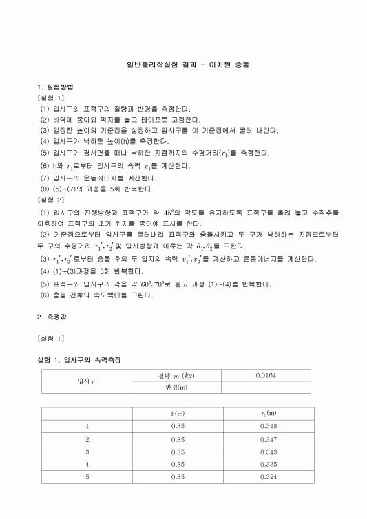 일반물리학실험 결과 - 이차원 충돌