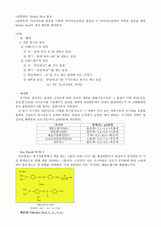 [유기실험5] 메틸레드 합성 : 다이아조화 반응을 이용한 다이아조늄염의 생성과 이 다이아조늄염의 커플링 반응을 통한 Methyl Red의 생성 원리를 알아본다.