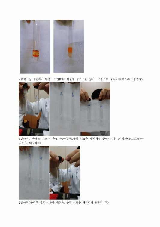 지질 검정 : 생체 주요 구성성분인 지질의 특성과 기능을 이해하고 지질과 특이적으로 반응하여 발색하는 수단Ⅲ를 이용하여 지질의 검정법을 알아보고, 여러 가지 용매에 대한 지질의 용해도를 알아본다.