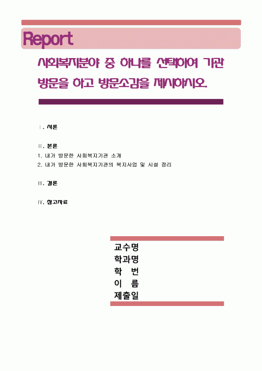 사회복지분야 중 하나를 선택하여 기관방문을 하고 방문소감을 제시.