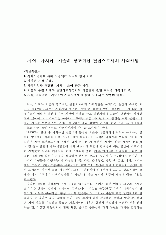 [원서번역] Social Work Practice - A Generalist Approach A Generalist Approach (저자- Louise C. Johnson) 3장 지식，가치와  기술의 창조적인 결합으로서의 사회사업