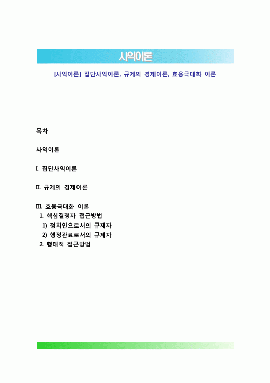 [사익이론] 집단사익이론, 규제의 경제이론, 효용극대화 이론(핵심결정자 접근방법,행태적 접근방법)