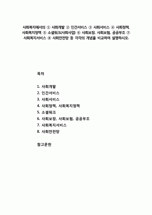 [인간행동과 사회환경 人間行動 社會環境] 사회복지의 1.사회개발 2.인간서비스 3.사회서비스 4.사회정책, 사회복지정책 5.소셜워크(사회사업) 6.사회보장, 사회보험, 공공부조 7.사회복지서비스 8.사회안전망 비교