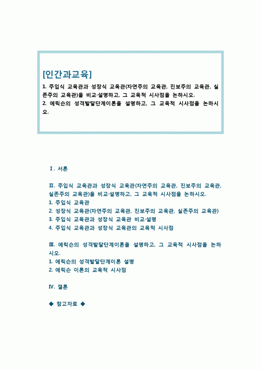 [인간과교육]공통형 1) 주입식 교육관과 성장식 교육관(자연주의 교육관, 진보주의 교육관, 실존주의 교육관)을 비교, 교육적 시사점 2) 에릭슨의 성격발달단계이론을 설명, 에릭슨 이론의 교육적 시사점