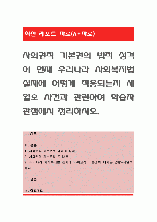 사회권적 기본권의 법적 성격이 현재 우리나라 사회복지법 실제에 어떻게 적용되는지 세월호 사건과 관련하여 학습자 관점에서 정리.