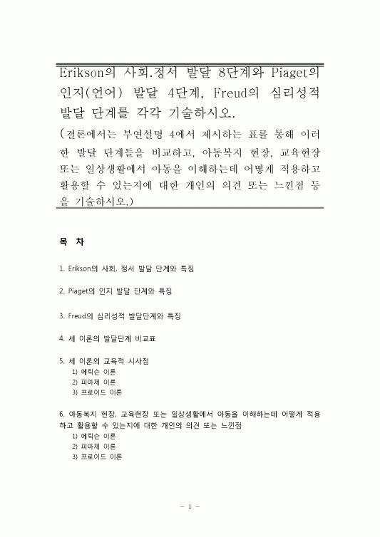 [아동복지론]Erikson의 사회.정서 발달 8단계와 Piaget의 인지(언어) 발달 4단계, Freud의 심리성적 발달 단계를 각각 기술하시오