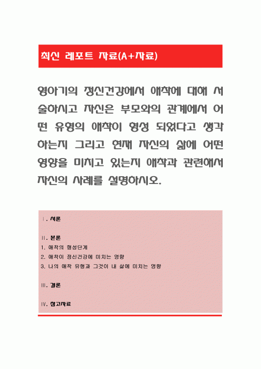 영아기의 정신건강에서 애착에 대해 서술하시고 자신은 부모와의 관계에서 어떤 유형의 애착이 형성 되었다고 생각하는지 그리고 현재 자신의 삶에 어떤 영향을 미치고 있는지 애착과 관련해