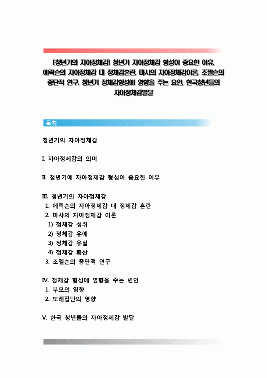 [청년기의 자아정체감] 청년기 자아정체감 형성이 중요한 이유, 에릭슨의 자아정체감 대 정체감혼란, 마샤의 자아정체감이론, 조젤슨의 종단적 연구, 청년기 정체감형성에 영향을 주는 요인, 한국청년들의 자아정체