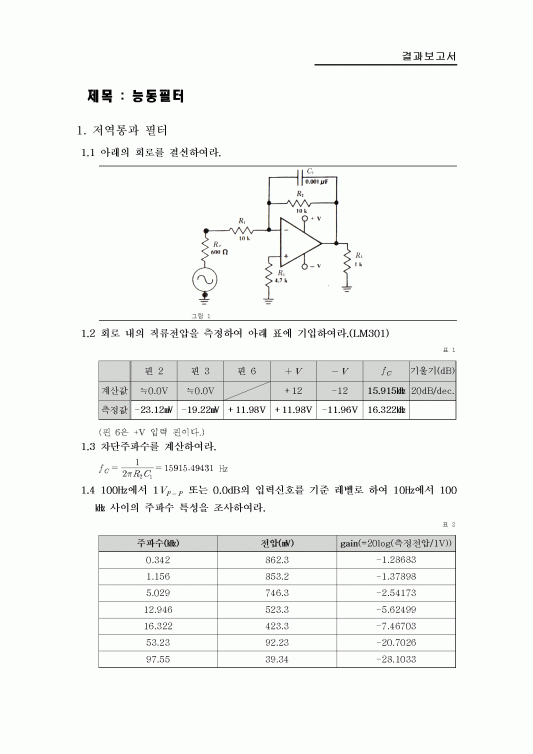 실험2 능동필터 결과보고서