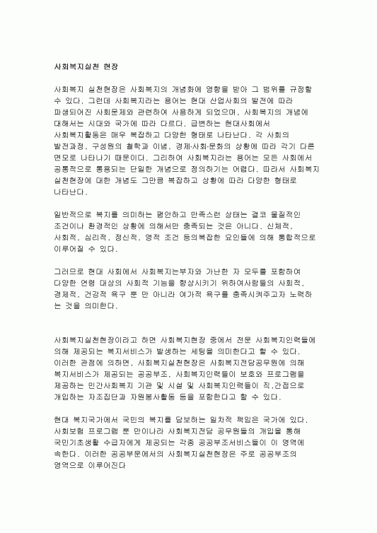 사회복지실천 현장에 대하여 설명하고, 그 중 본인이 가장 관심 있어하는 분야를 선택하여(아동, 노인, 여성, 장애인 등등) 시설과 서비스를 정리하시오.