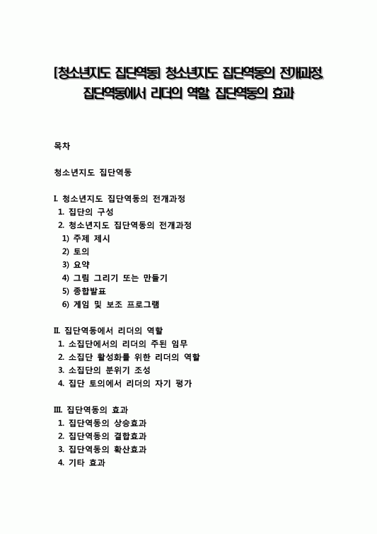 [청소년지도 집단역동] 청소년지도 집단역동의 전개과정, 집단역동에서 리더의 역할, 집단역동의 효과