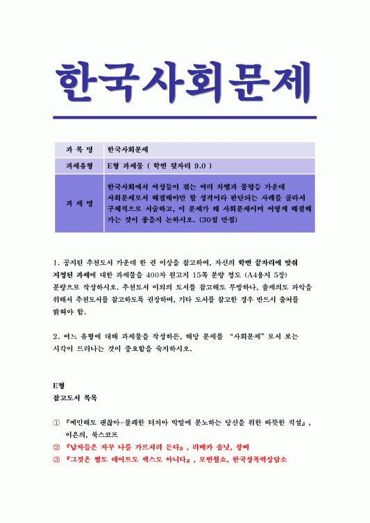 한국사회문제E형-한국사회에서 여성들이 겪는 여러차별과 불평등가운데 사회문제로서 해결해야만할 성격이라 판단되는 사례를 골라 구체적으로 서술,이문제가 왜 사회문제이며, -한국사회문제E